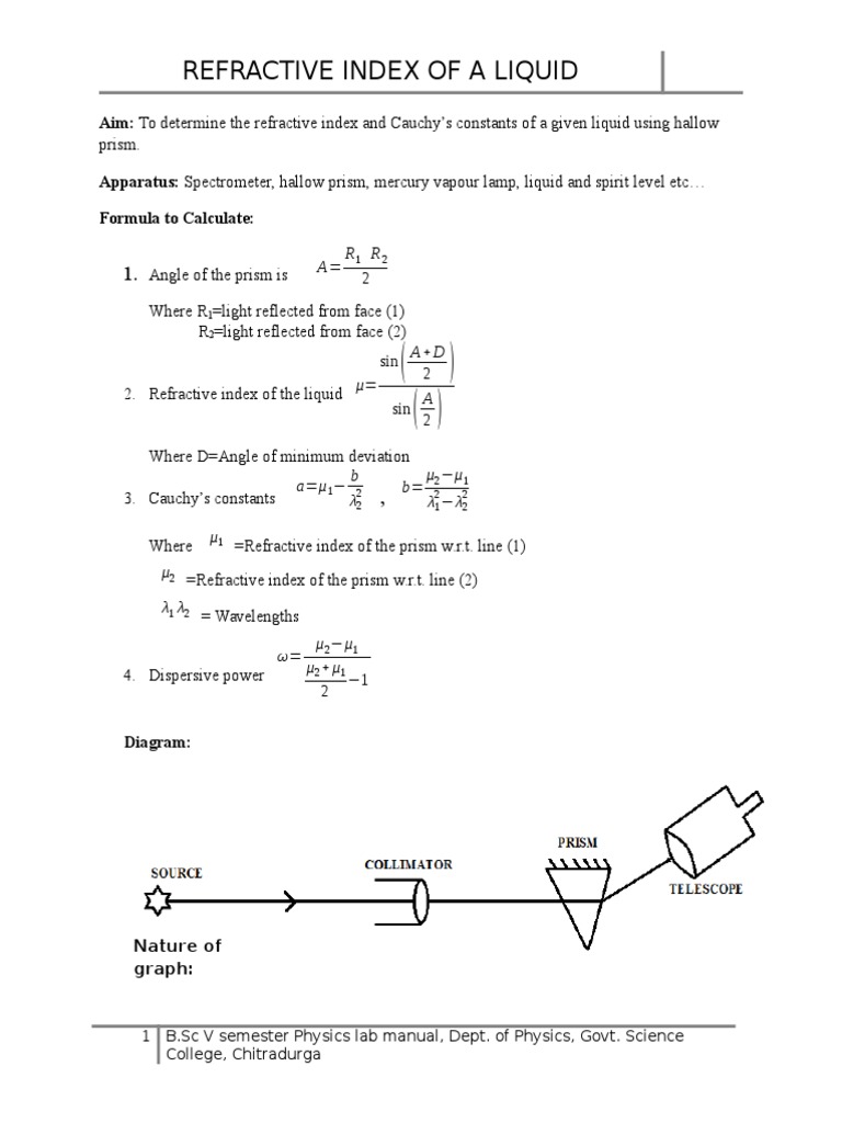 Determining the Refractive Index and Cauchy's Constants of a Liquid Using a Hollow Prism | PDF ...