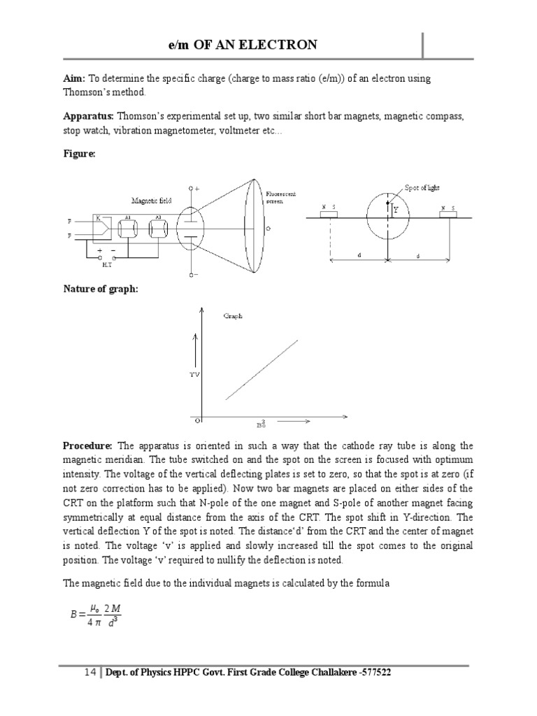Determining e/m of Electron via Thomson Method | PDF | Cathode Ray Tube ...
