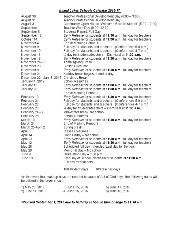 Inland Lakes Schools 2016-17 Calendar | PDF