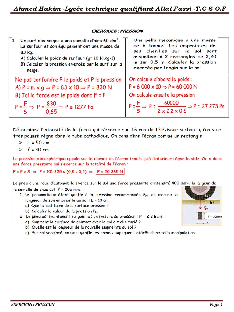 Exercices Pression Version Prof