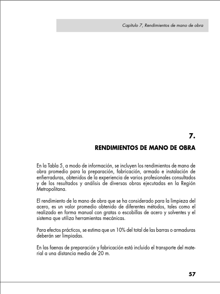 Capítulo 7 - Rendimientos de Mano de Obra | PDF | Acero | Transporte