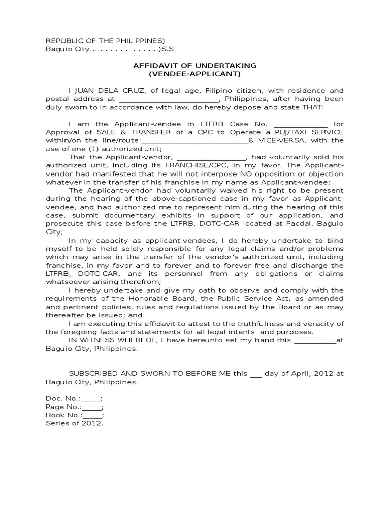 Undertaking Vendee Applicant Lto | PDF