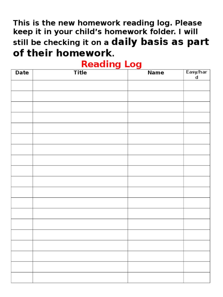 New Homework Reading Log Template | PDF | Language Arts & Discipline ...