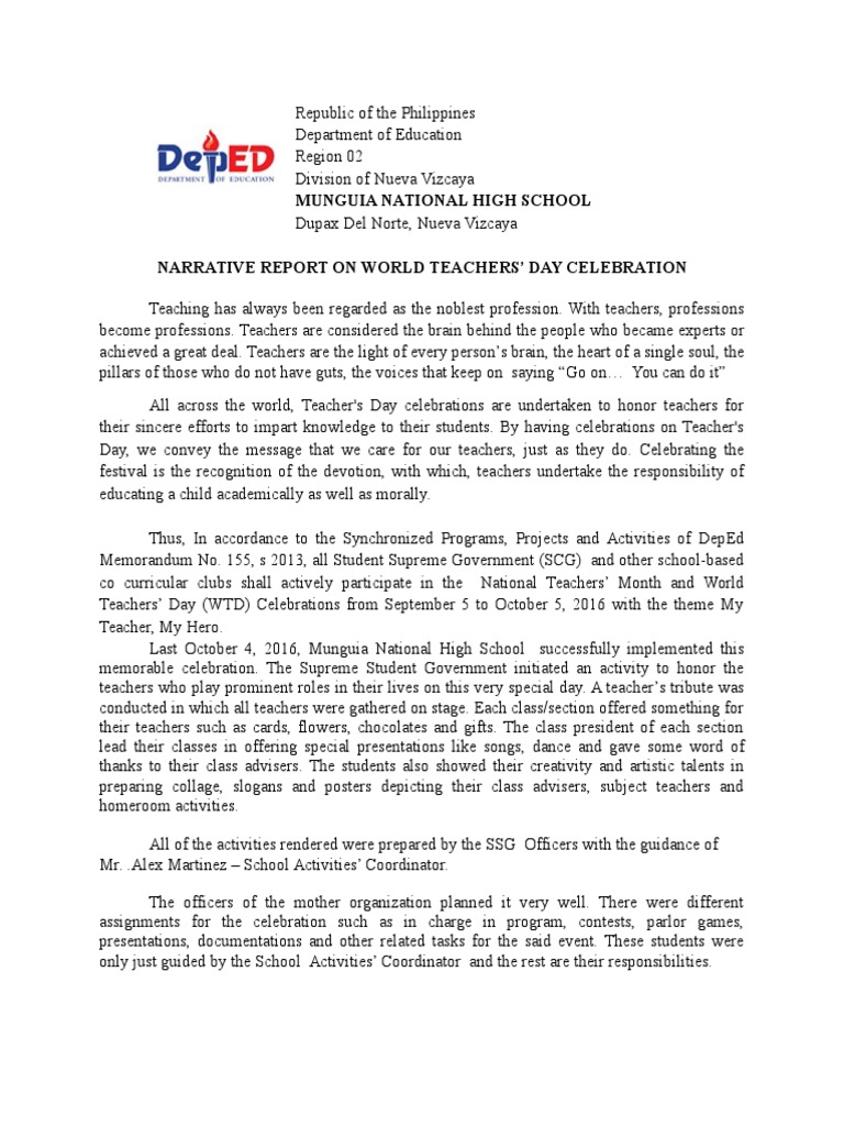 Narrative Report Teacher's Day | PDF | Schools | Teachers