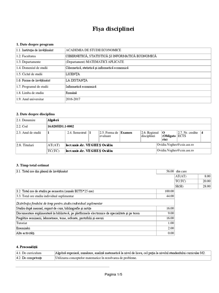 Fisa Disciplina Algebra Liniara | PDF