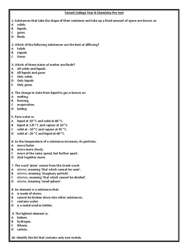 Year 8 Chemistry Pre-test Questions | PDF | Science & Mathematics