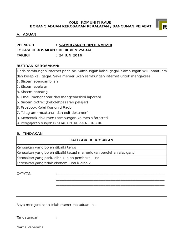 Borang Aduan Kerosakan Peralatan Bangunan Pejabat | PDF Borang Aduan Kerosakan Peralatan Bangunan Pejabat | PDF
