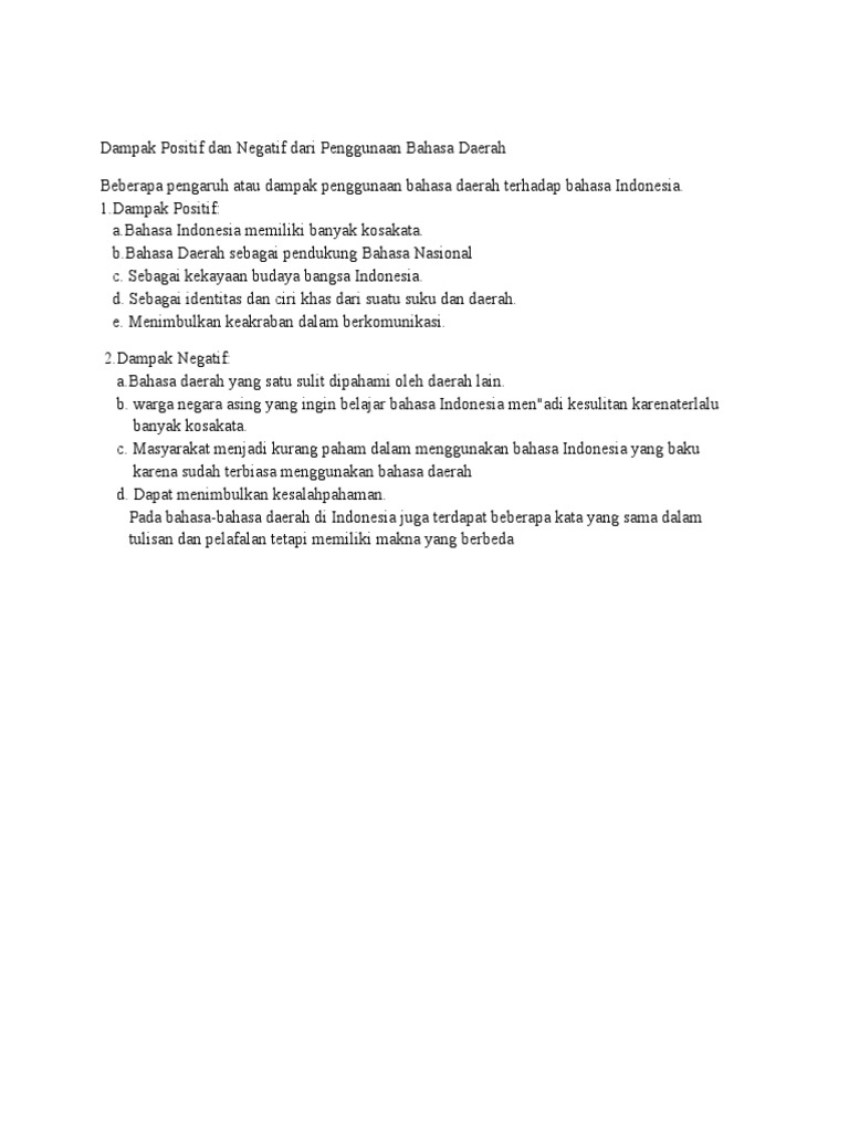 Dampak Positif Dan Negatif Dari Penggunaan Bahasa Daerah | PDF