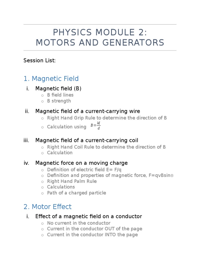 Physics Module 2: Motors and Generators: 1. Magnetic Field | PDF