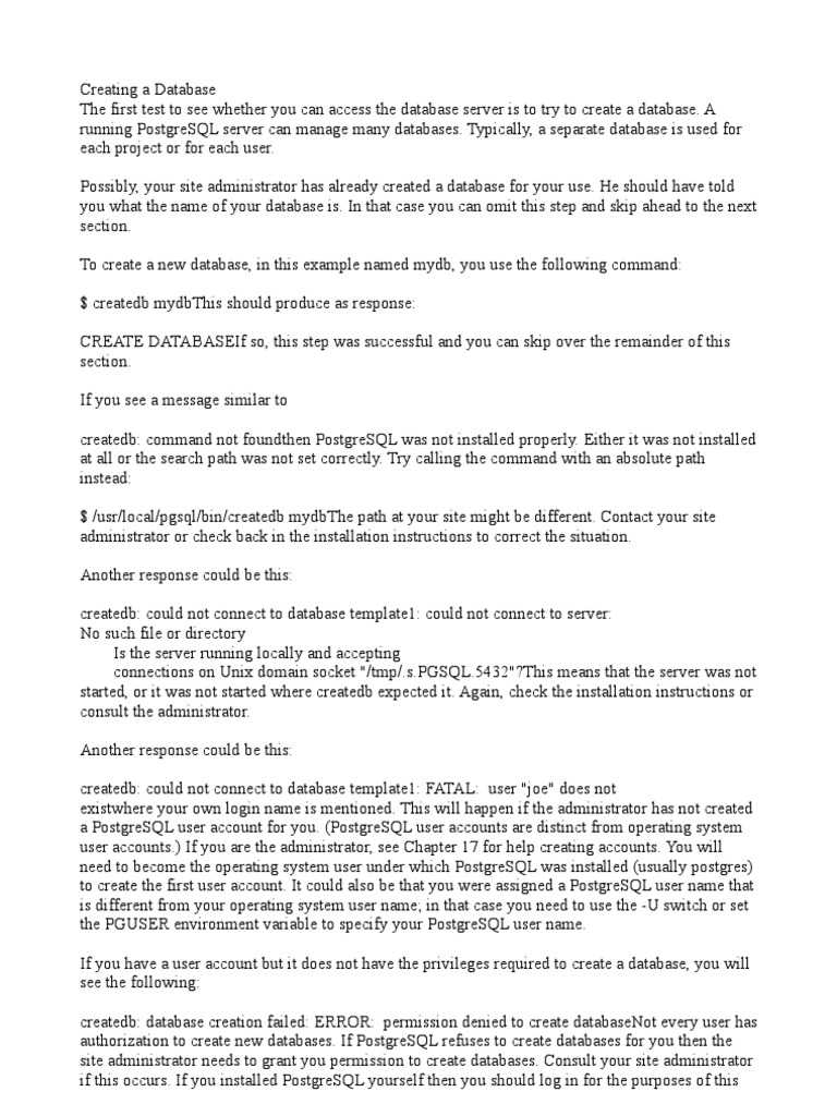 O Try To Create A Database A Running Postgresql Server Can Manage Many Databases Typically A