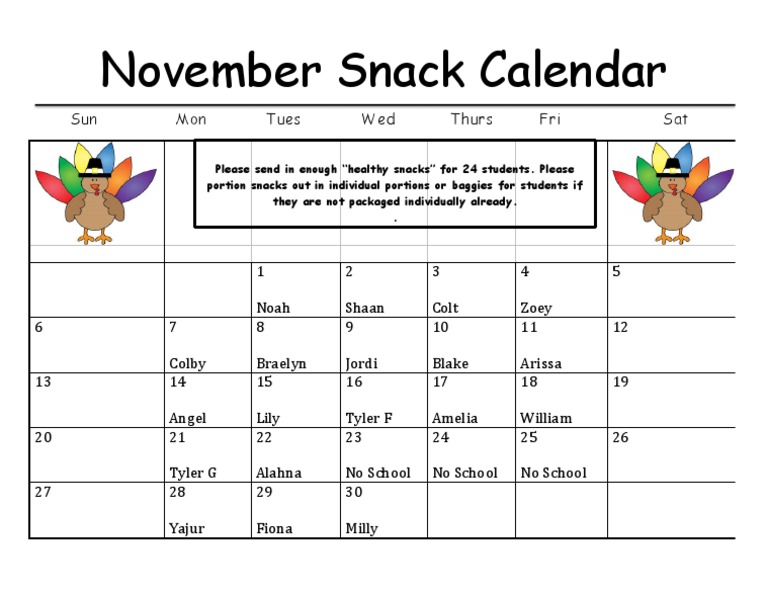 November Snack Calendar | PDF