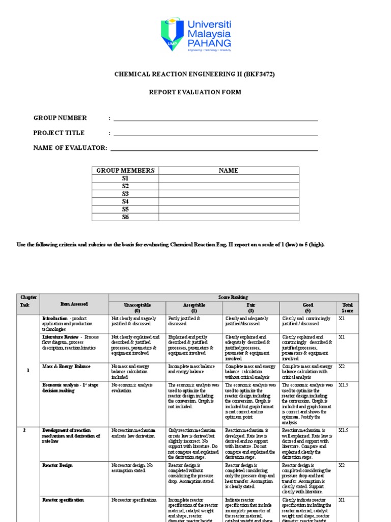 Chemical Reaction Engineering Ii (Bkf3472) Report Evaluation Form | PDF ...