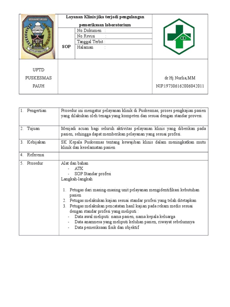 SOP Layanan Klinis Jika Terjadi Pengulangan Pemeriksaan Laboratorium | PDF