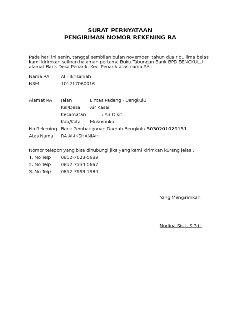 Surat Pernyataan Pengiriman Nomor Rekening | PDF