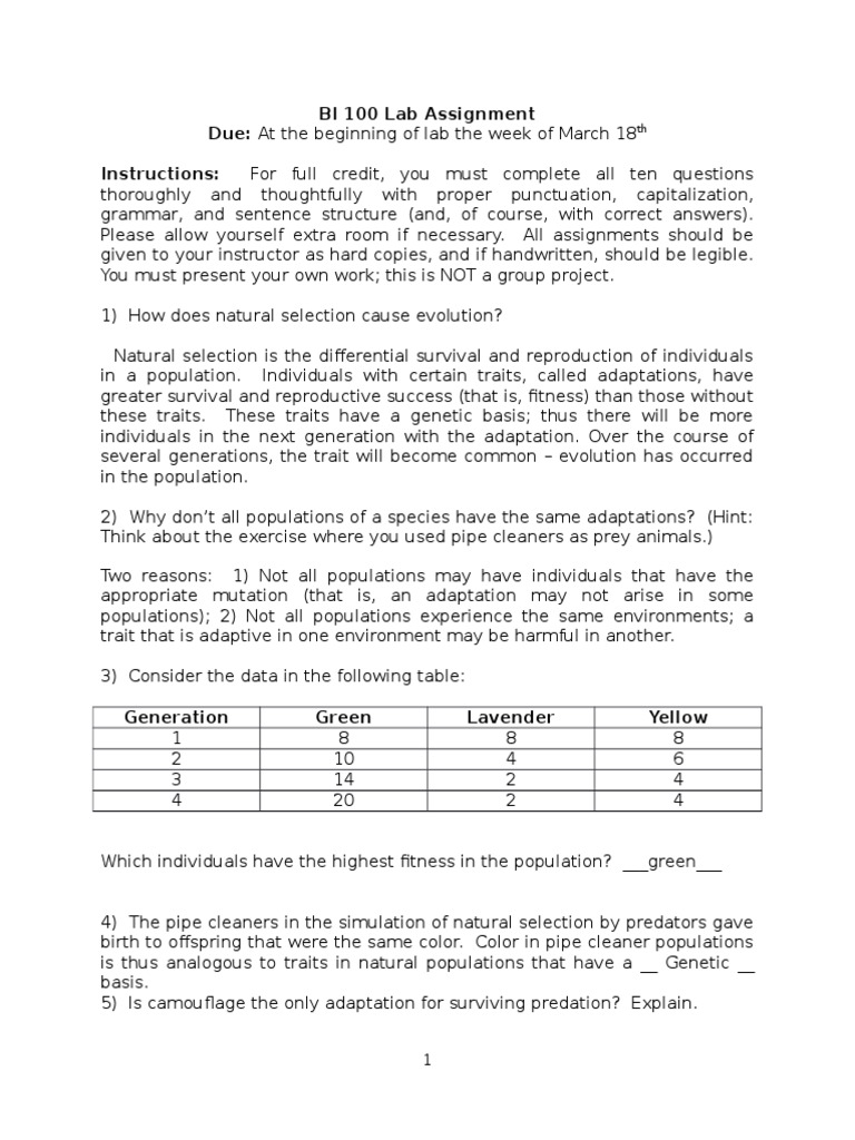 Natural Selection Lab Assignment Guide | PDF | Stoma | Natural Selection