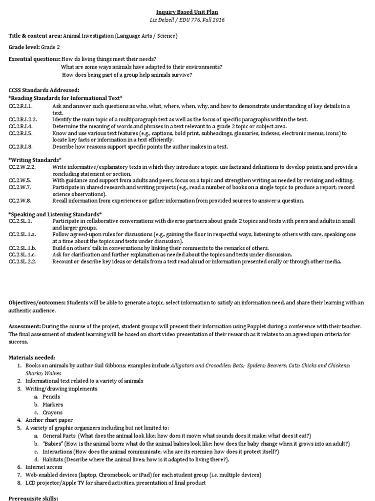 Liz Delzell / EDU 776, Fall 2016: Inquiry Based Unit Plan | PDF ...