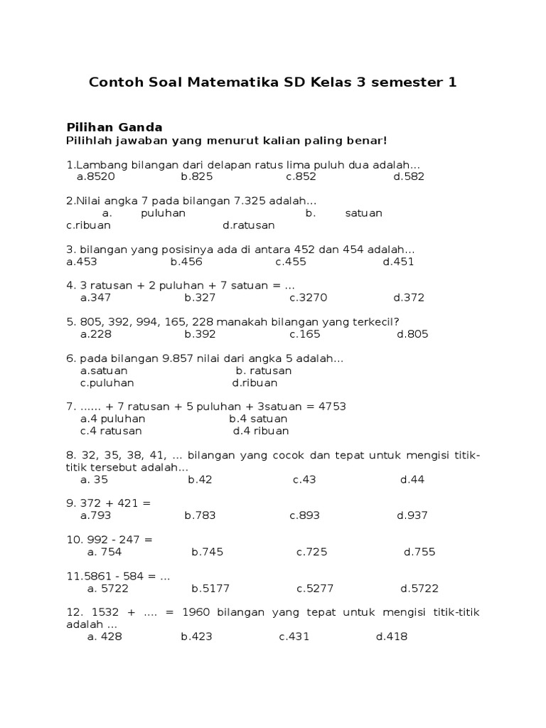 Contoh Soal Matematika SD Kelas 3 Semester 1 | PDF