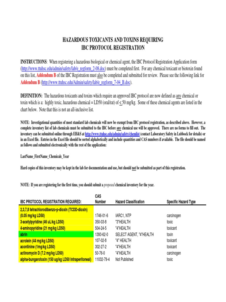 Chemicals Toxins Requiring Ibc Registration | PDF | Toxin | Laboratories