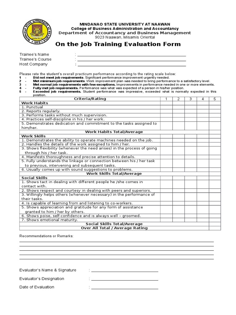 On The Job Training Evaluation Form: 9023 Naawan, Misamis Oriental | PDF