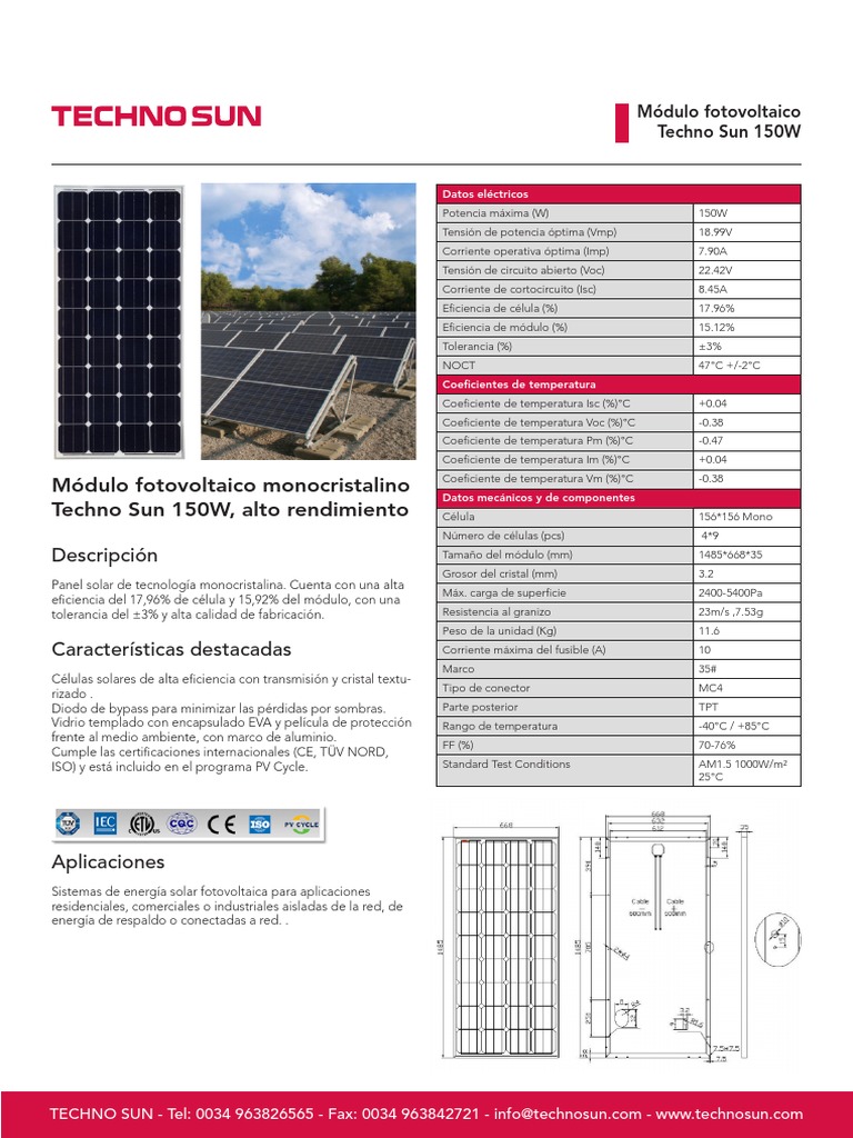TECHNO SUN Panel Solar 150W Ficha ES PDF | PDF
