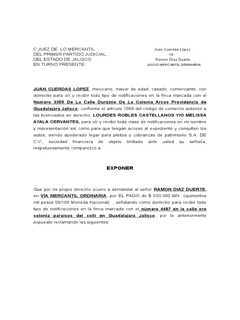 Demanda Mercantil Ordinaria Pdf Demanda Judicial Pagos
