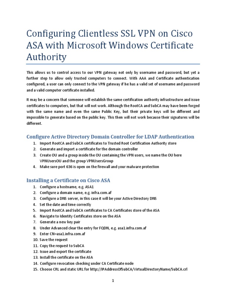 Configuring Clientless SSL VPN On Cisco ASA With Microsoft Windows Certificate Authority | PDF ...