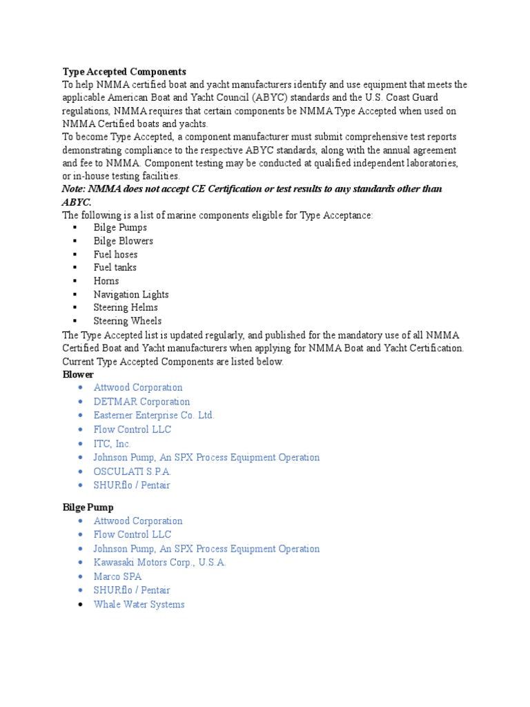 NMMA Type Accepted Components List | PDF | Nature