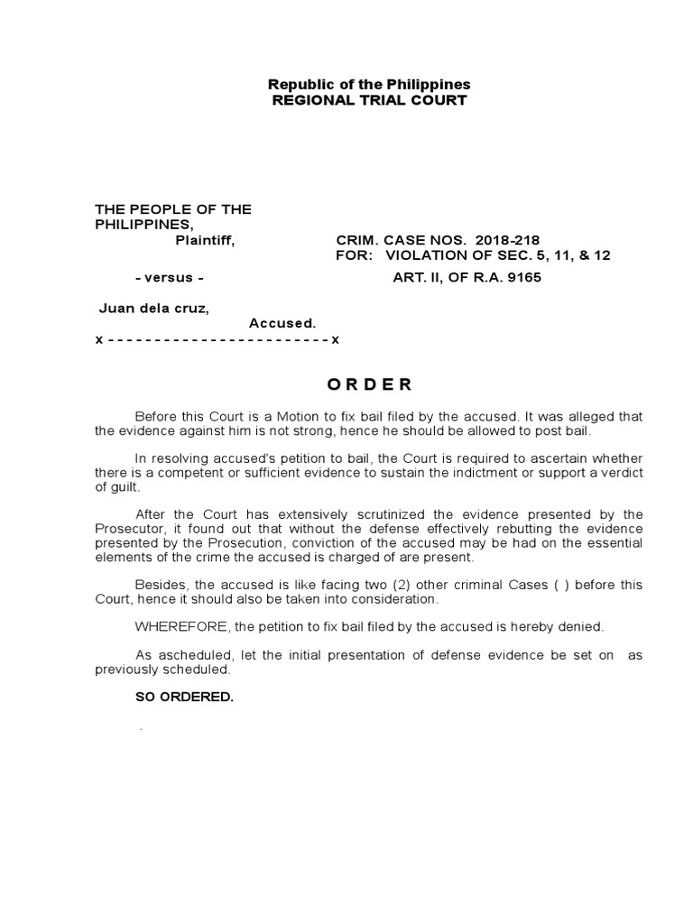Republic of The Philippines Regional Trial Court: Order | PDF