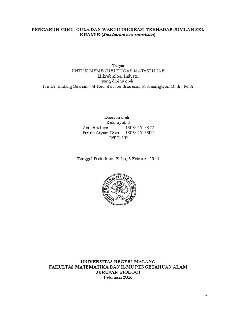 PENGARUH SUHU, GULA DAN WAKTU INKUBASI TERHADAP JUMLAH SEL KHAMIR ...