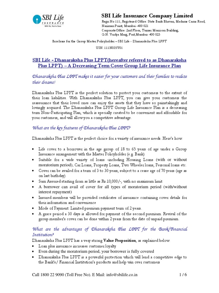 Brochure Dhanaraksha Plus LPPT For Master Policyholder | PDF | Life ...