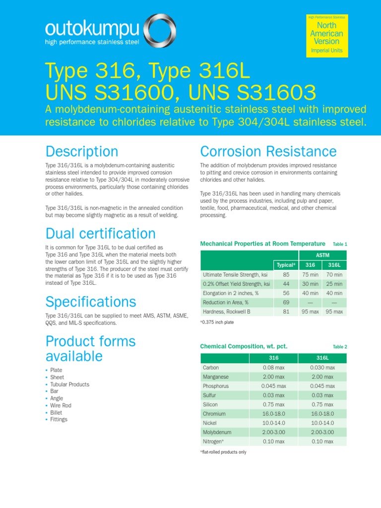 Datasheet 316 316L Imperial Hpsa Outokumpu en Americas | Stainless ...