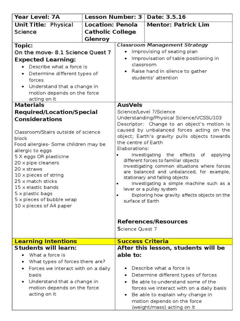 7a Forces Lesson Plan 3 5 16 | PDF | Force | Understanding