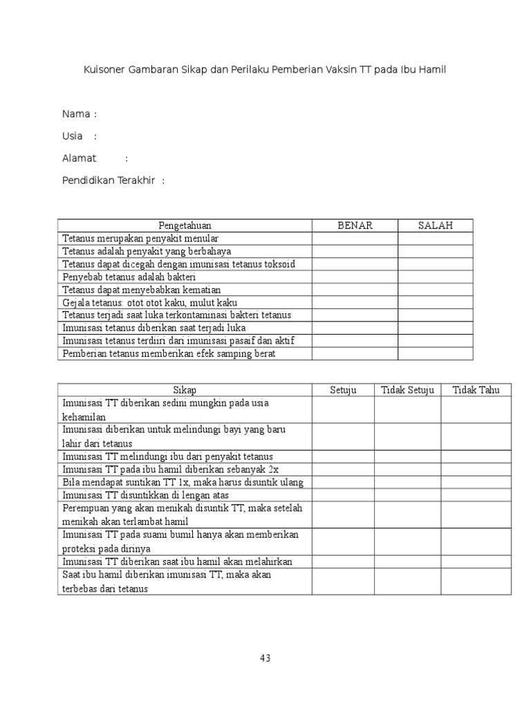 Kuisioner Gambaran Sikap Dan Perilaku Pemberian Vaksin TT Pada Ibu Hamil | PDF