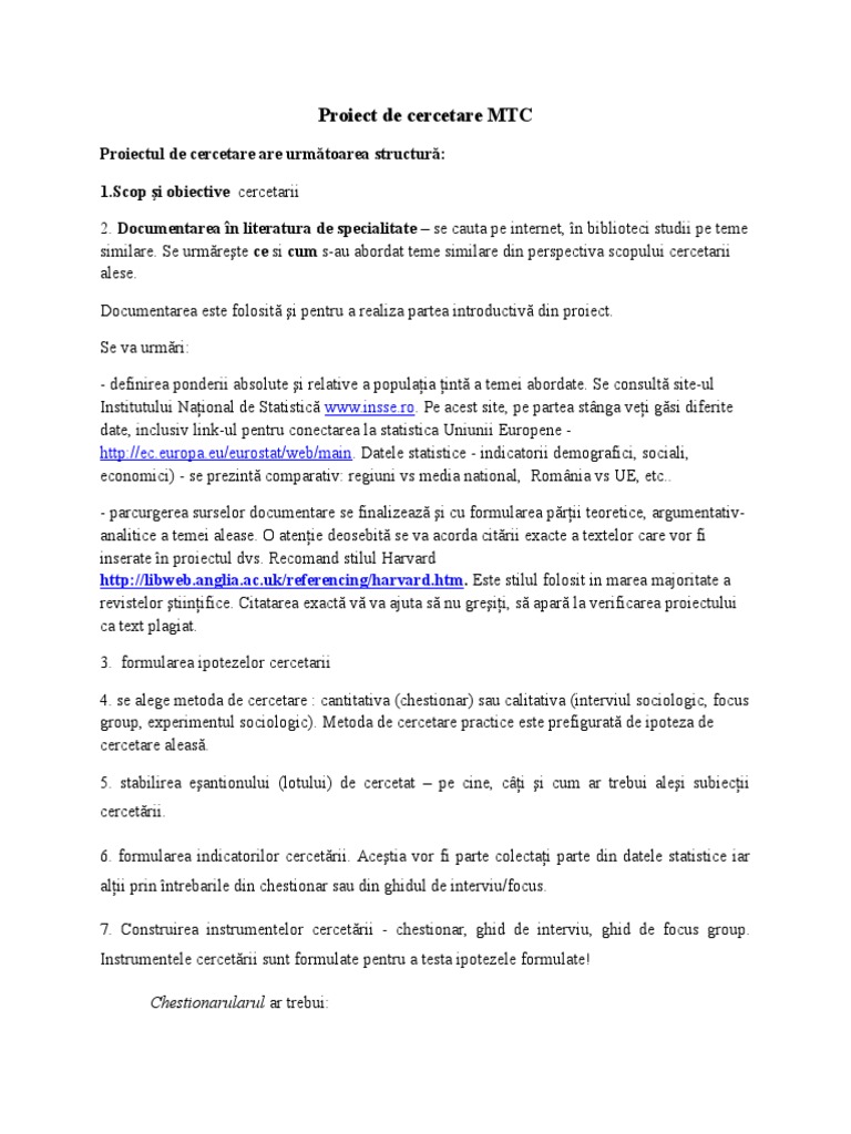 Stuctura Unui Proiect de Cercetare MTC - Final | PDF