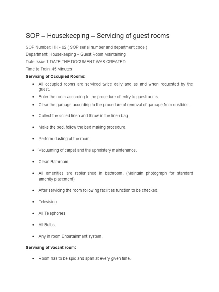 SOP - Housekeeping - Servicing of Guest Rooms | PDF