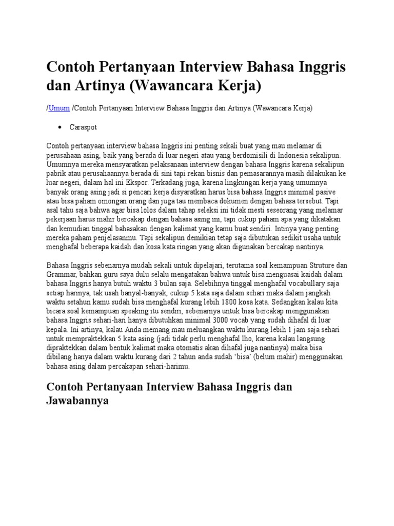 Contoh Pertanyaan Interview Bahasa Inggris Dan Artinya | PDF