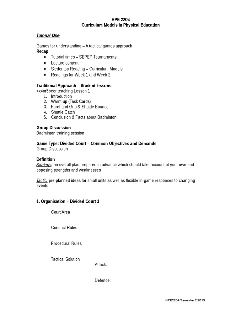 Tutorial One: HPE 2204 Curriculum Models in Physical Education | PDF