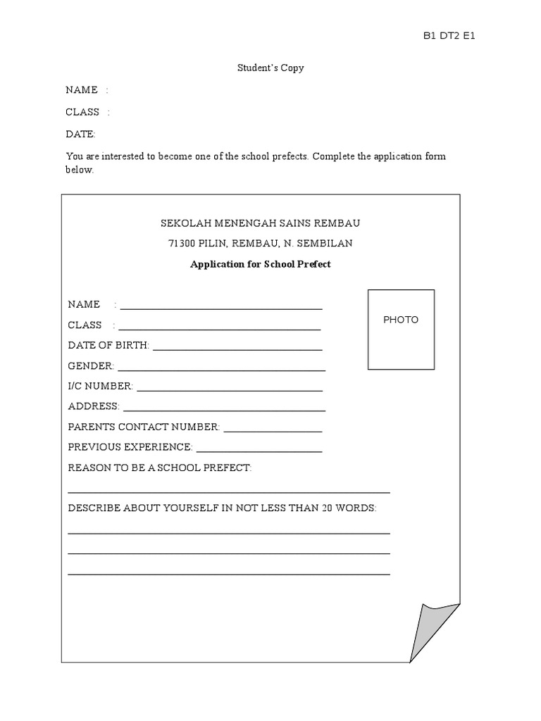 Application For School Prefect: B1 DT2 E1 | PDF