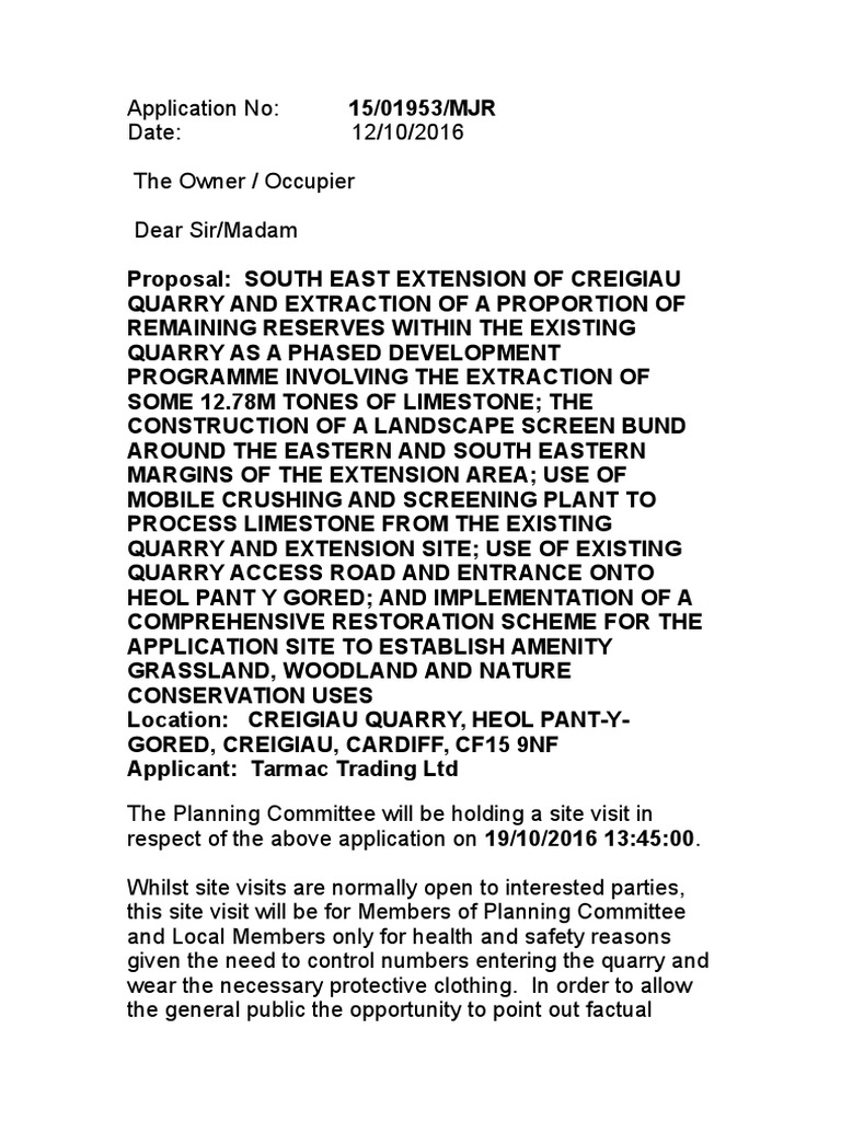 Creigiau Quarry - Planning Committee Site Visit Letter | PDF
