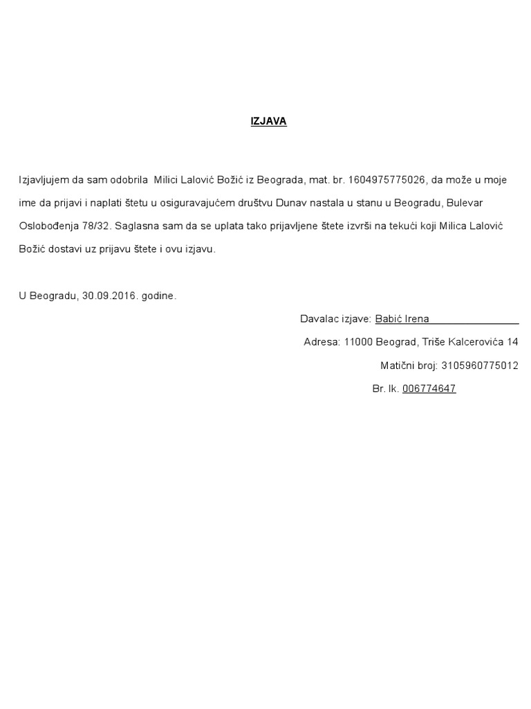 Blanko Izjava I Ovlascenje Imovina | PDF