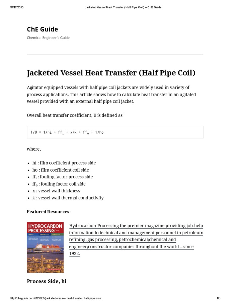 Jacketed Vessel Heat Transfer (Half Pipe Coil) - ChE Guide | PDF | Heat ...