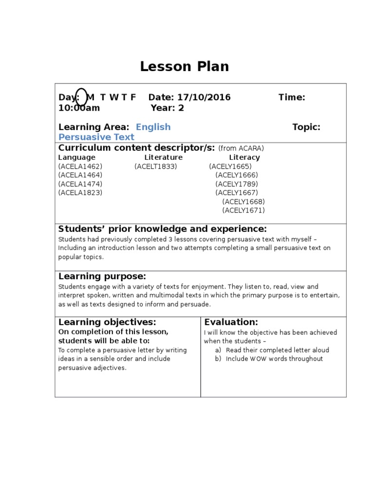 Year 2 Persuasive Letter Lesson Plan | PDF | Lesson Plan | Vocabulary