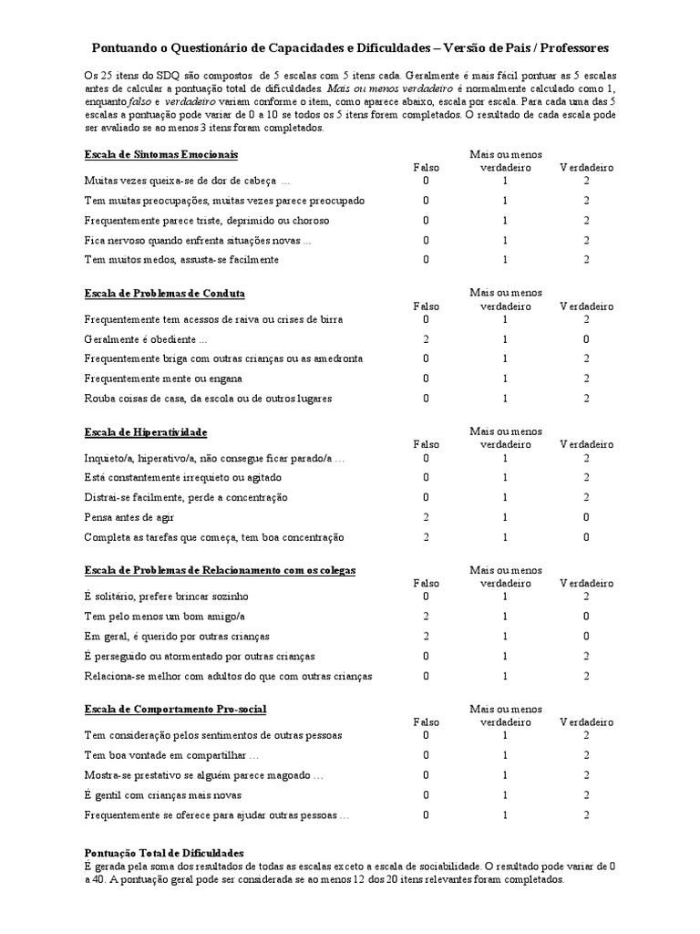 SDQ | Download grátis PDF | Transtorno de déficit de atenção e ...