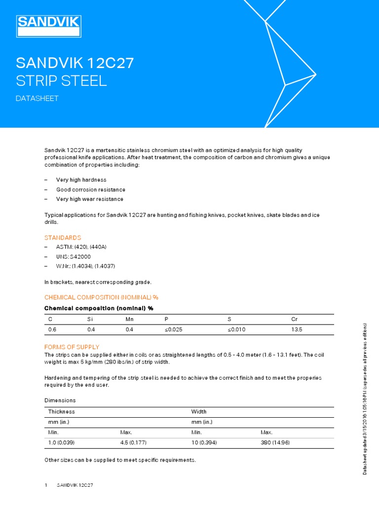 Datasheet Sandvik 12c27 en | Heat Treating | Materials Science