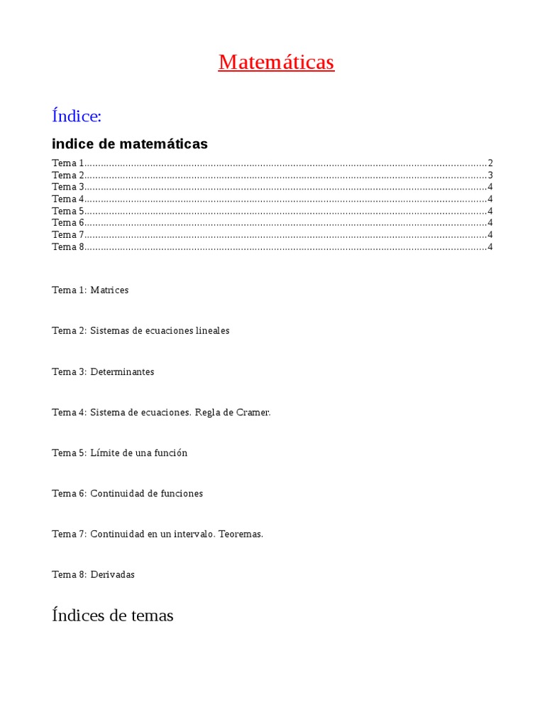 Índice de Temas en Matemáticas | PDF | Determinante | Matriz (Matemáticas)