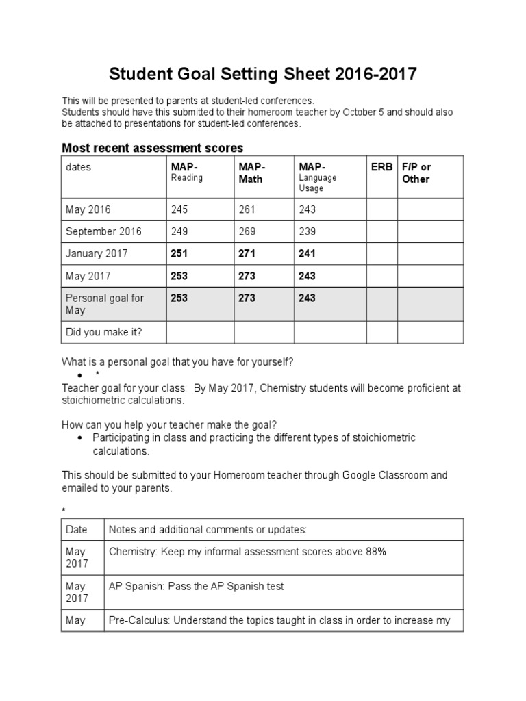 Student Goal Setting Sheet 2016 | PDF