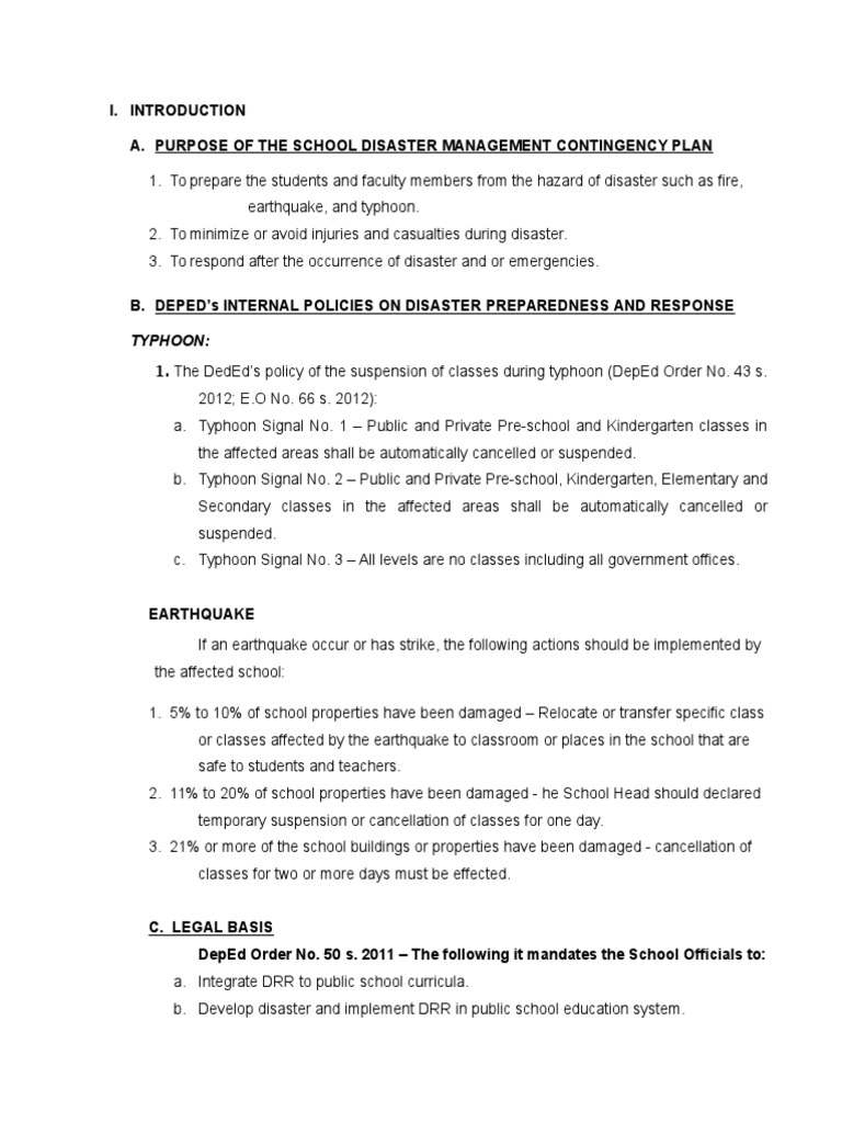 School Disaster Management Contingency Plan | PDF | Emergency Evacuation | Disaster Risk Reduction