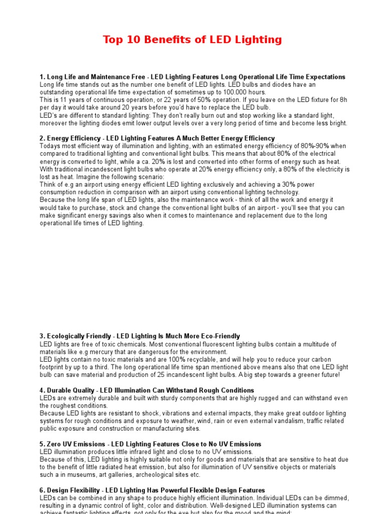 Top 10 Benefits of LED Lighting | PDF | Light Emitting Diode | Compact ...