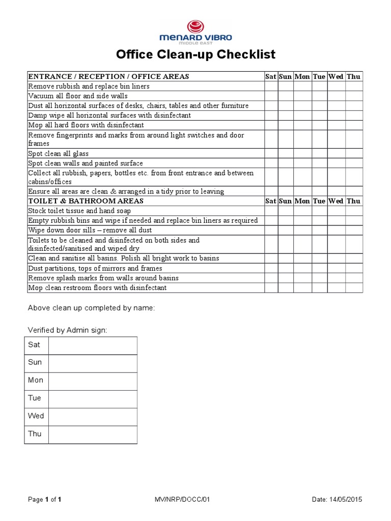 Daily Office Cleanup Checklist | PDF