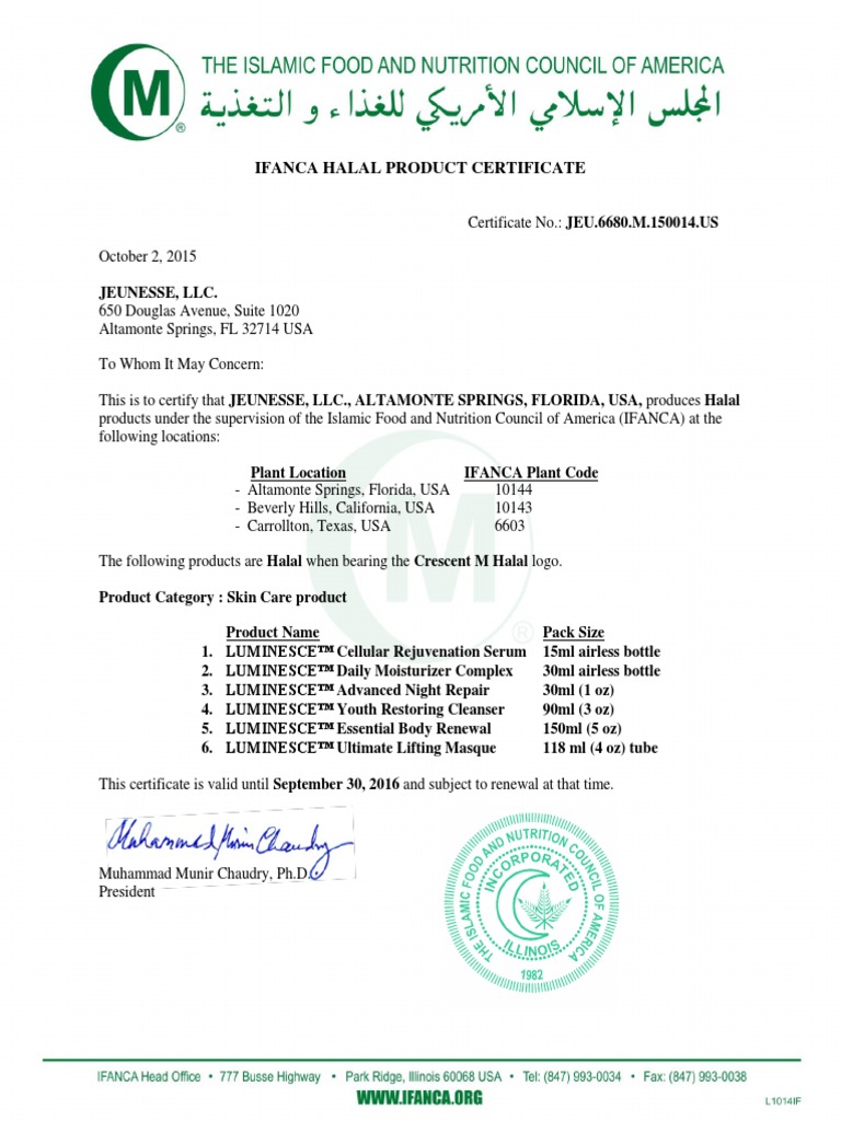 IFANCA Halal Certificates-Skin Care